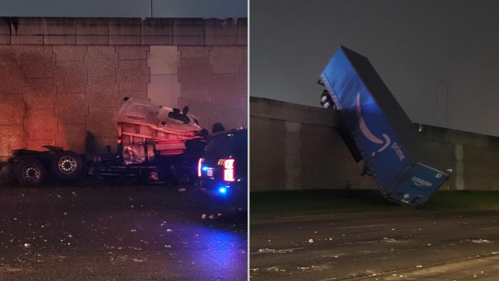 Amazon 18-wheeler trailer hanging off Interstate 35 following crash on ...
